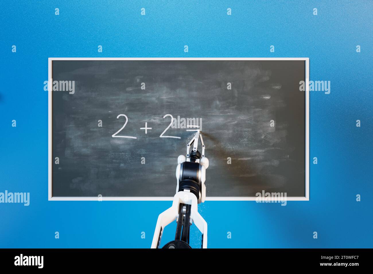 Sci-fi concept of the advanced futuristic robot writing simple math ...