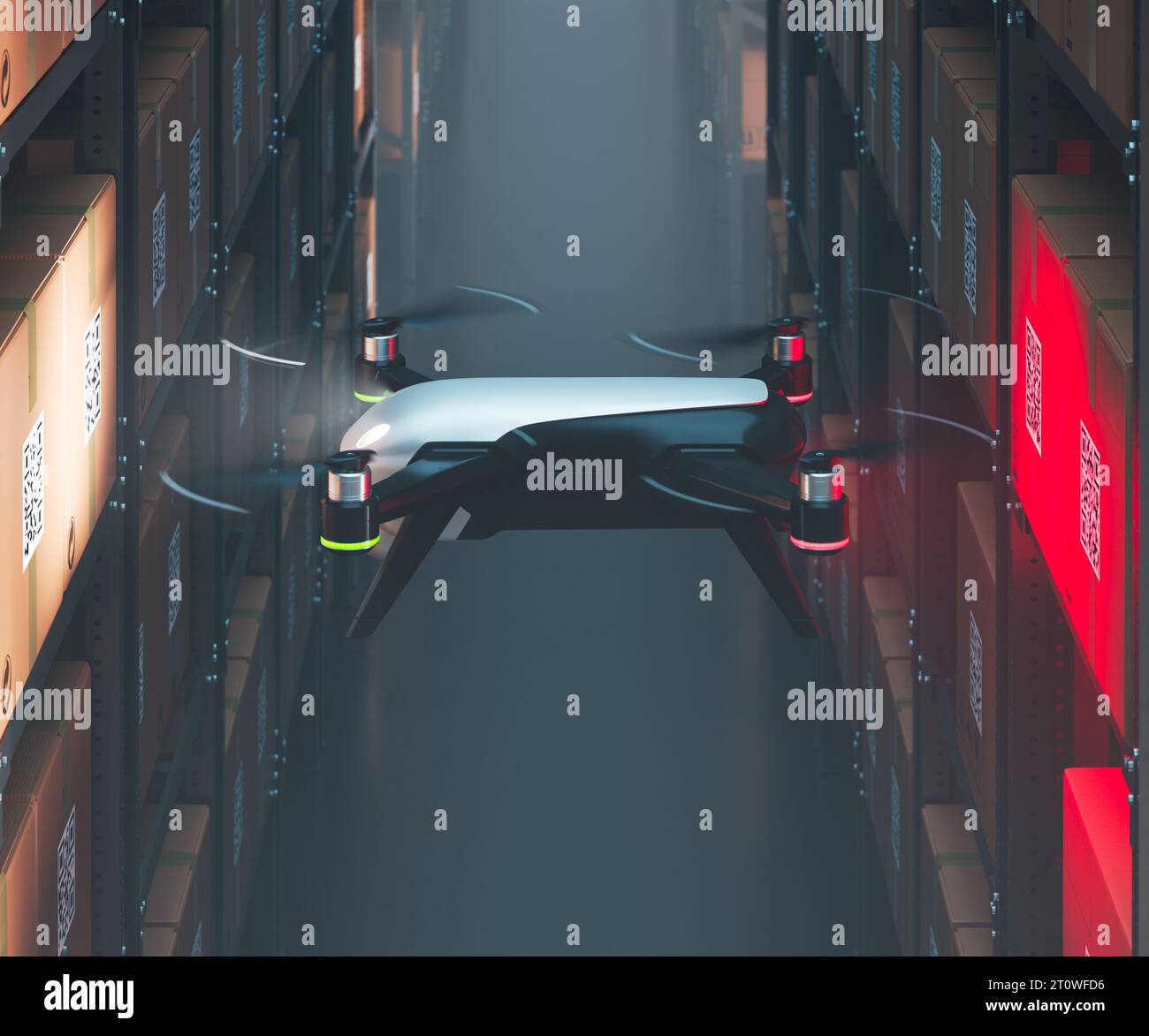 Warehouse drone scanning QR codes on the cardboard boxes in a metal ...