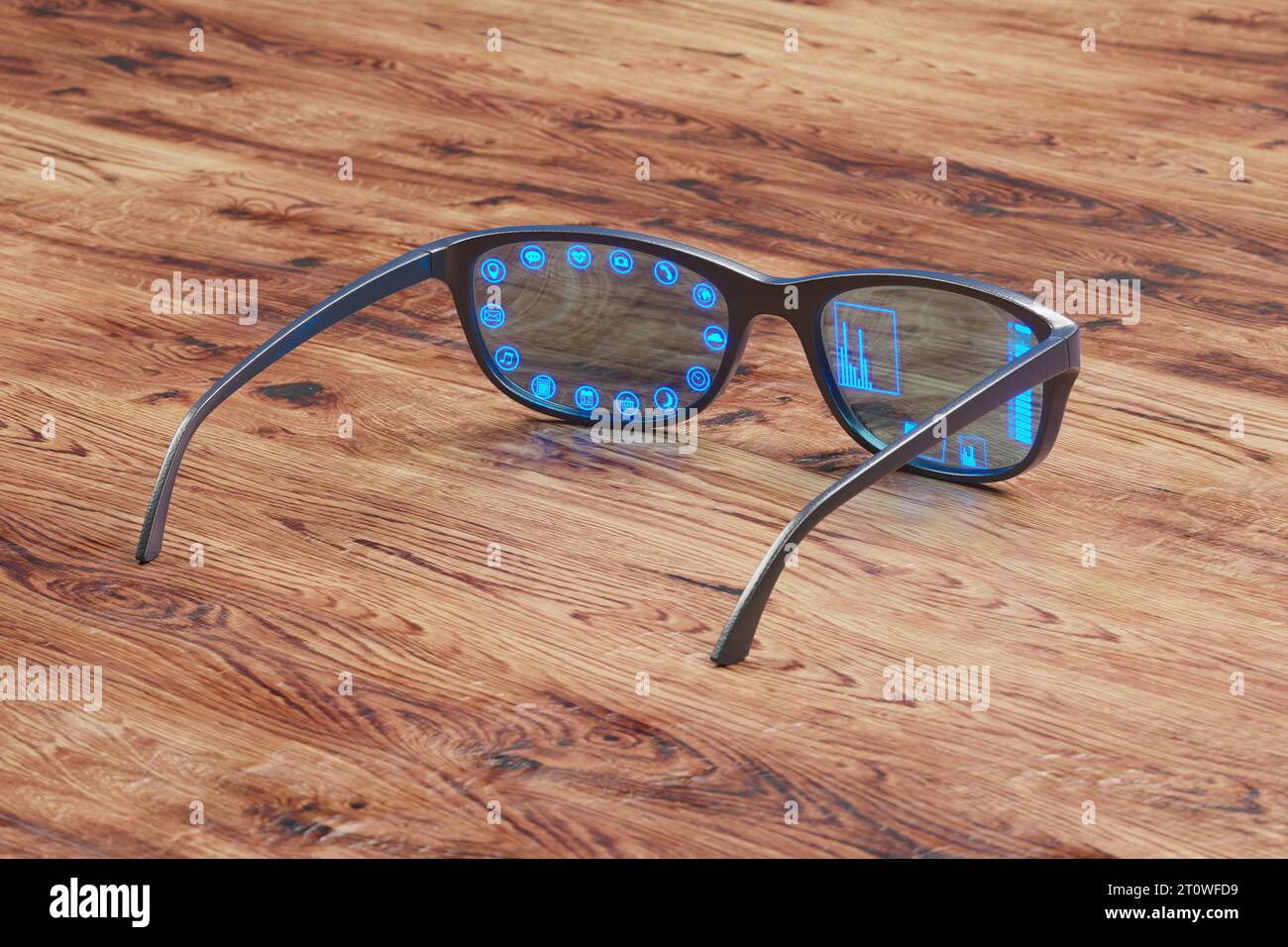 Pair of blue smart glasses laying on black desk. AR overlay showing ...