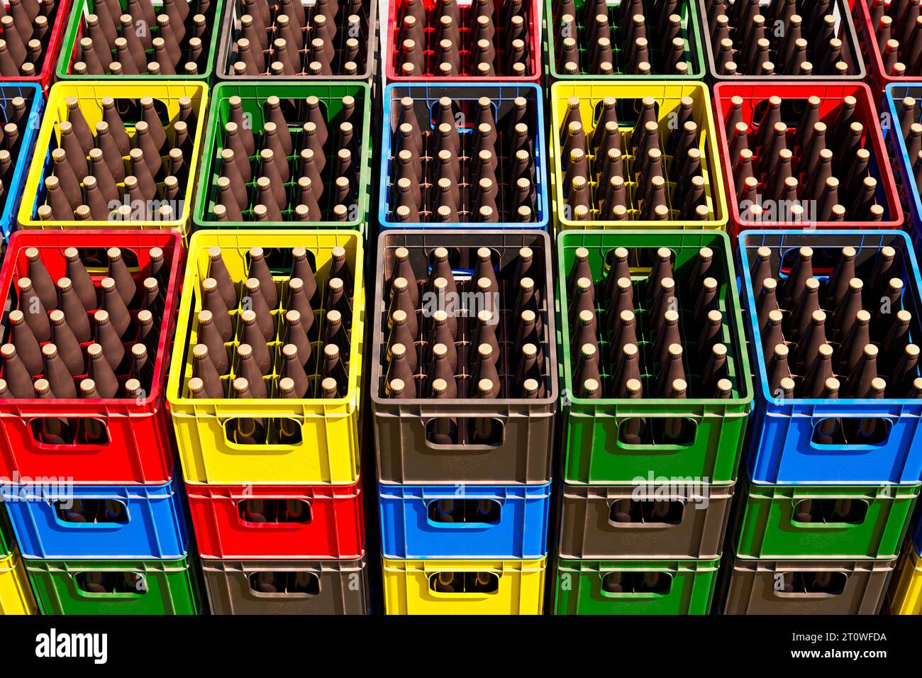 Countless colorful beer crates full of bottles stacked in an outdoor ...