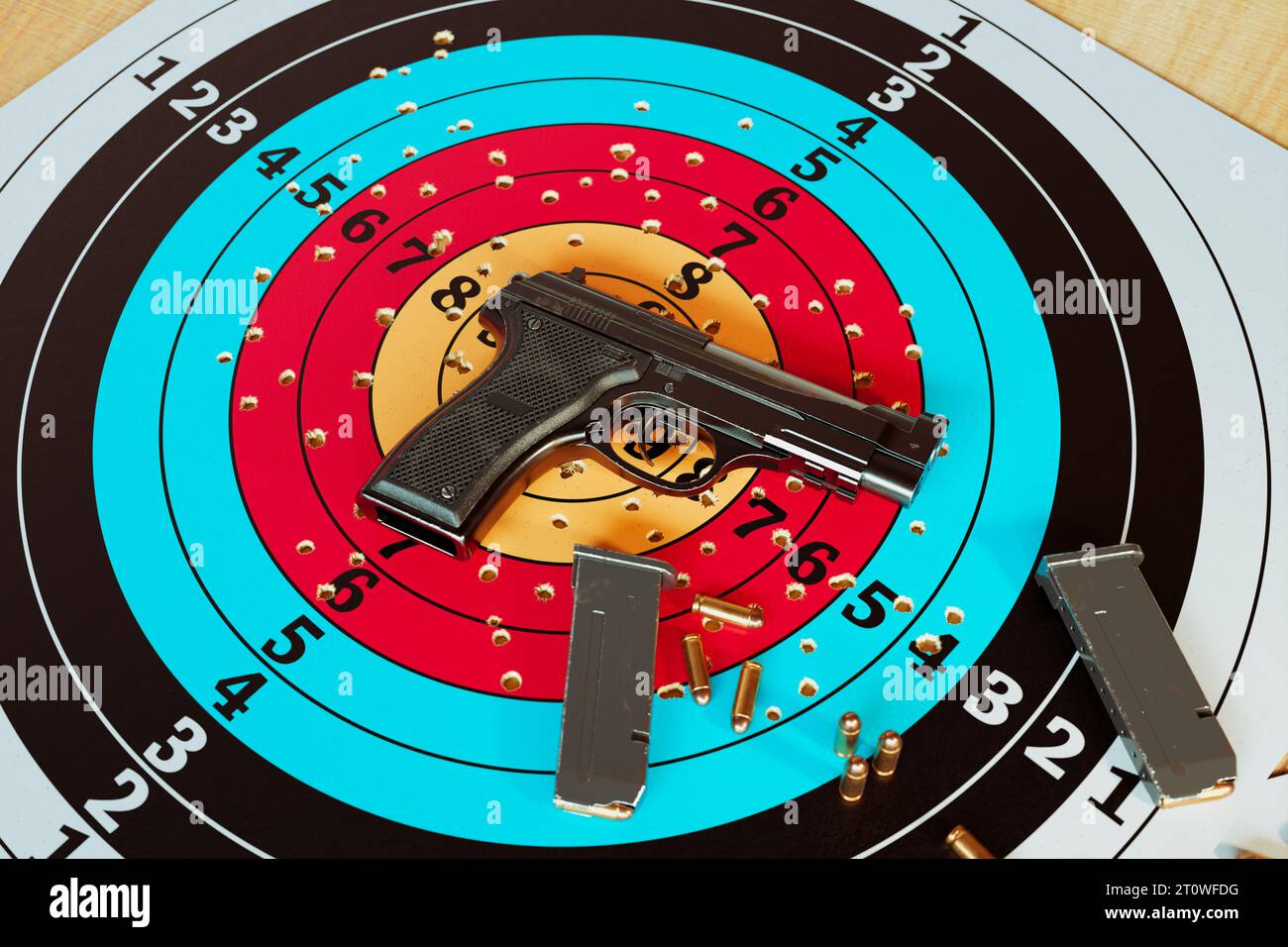 Gun and ammo on the shooting target. 9mm pistol with bullets and ...