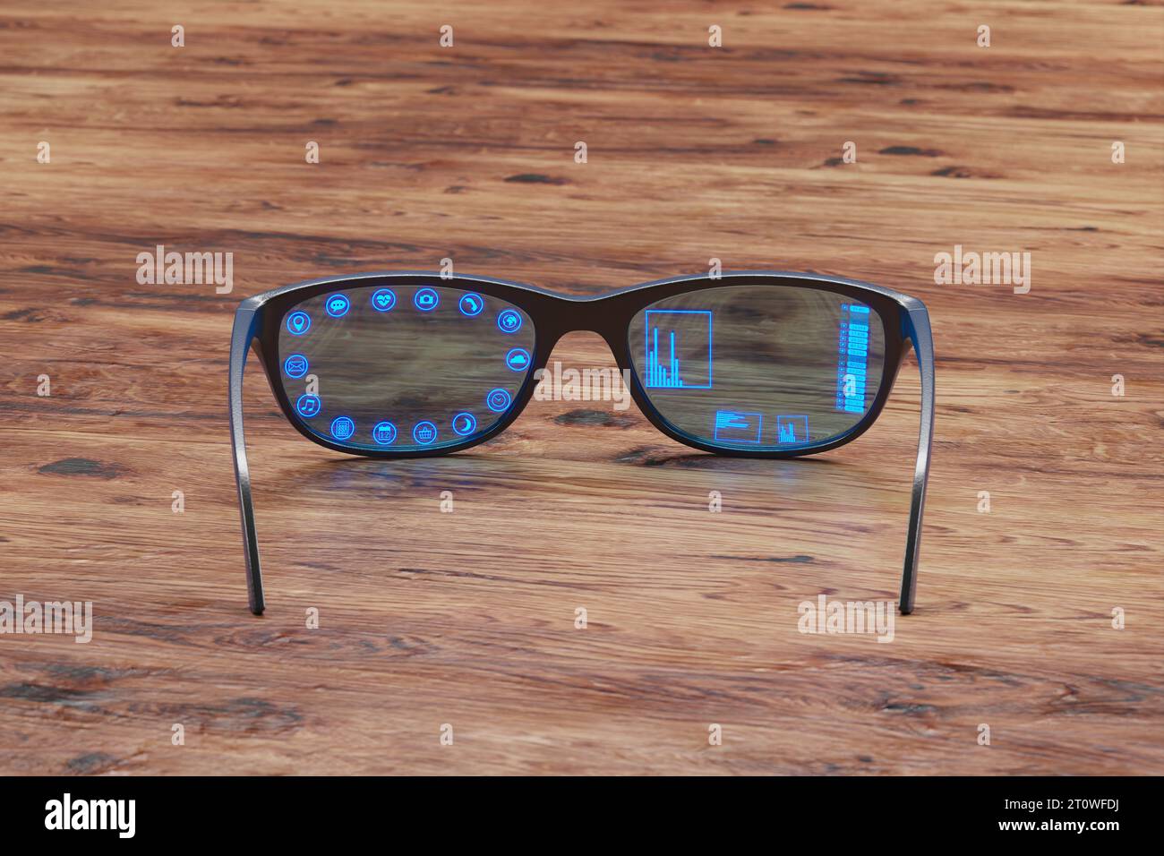 Pair of orange smart glasses laying on black desk. AR overlay showing ...