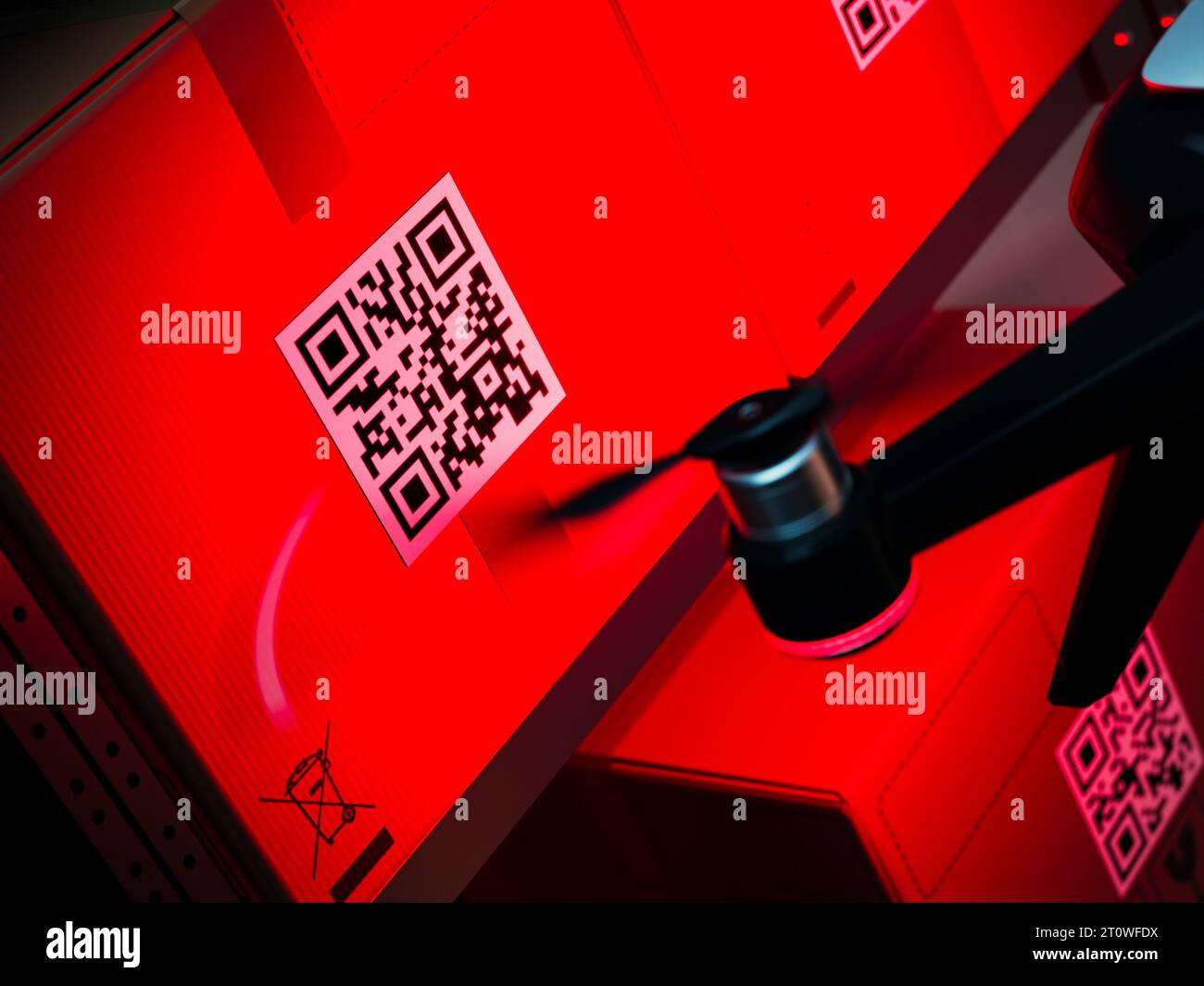 Warehouse drone scanning QR codes on the cardboard boxes in a metal ...