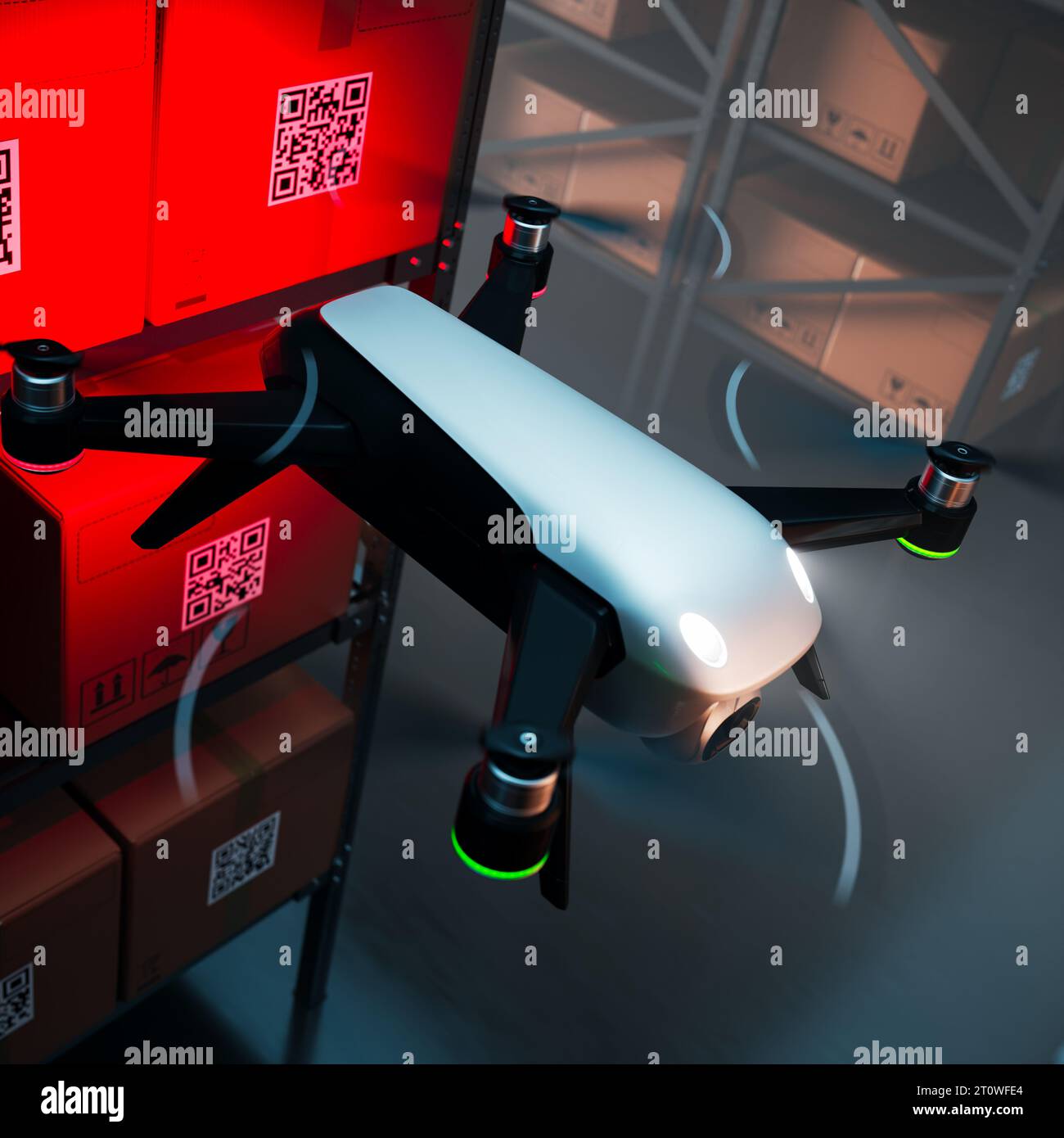 Warehouse drone scanning QR codes on the cardboard boxes in a metal shelf Stock Photo - Alamy