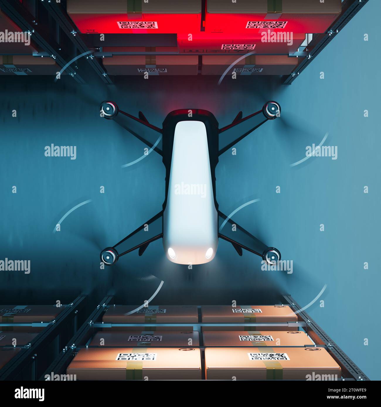 Warehouse drone scanning QR codes on the cardboard boxes in a metal ...