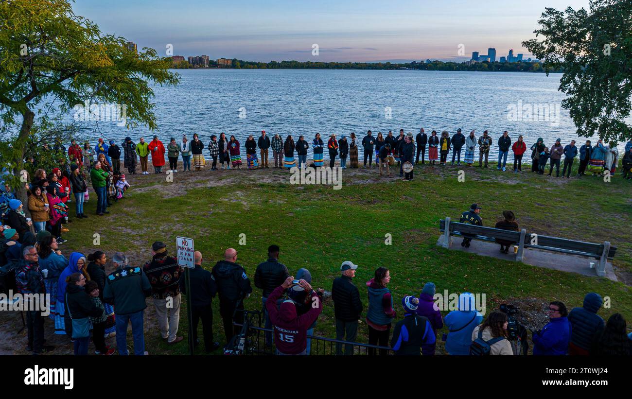 People attend an Indigenous Peoples Day Sunrise Ceremony at Bde Maka ...