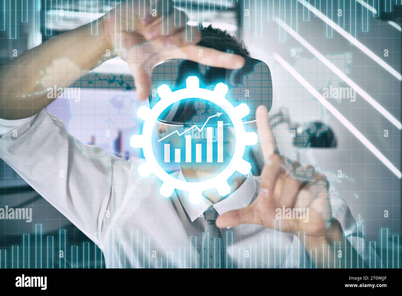Trader with virtual reality glasses using chart in abstract cog ...
