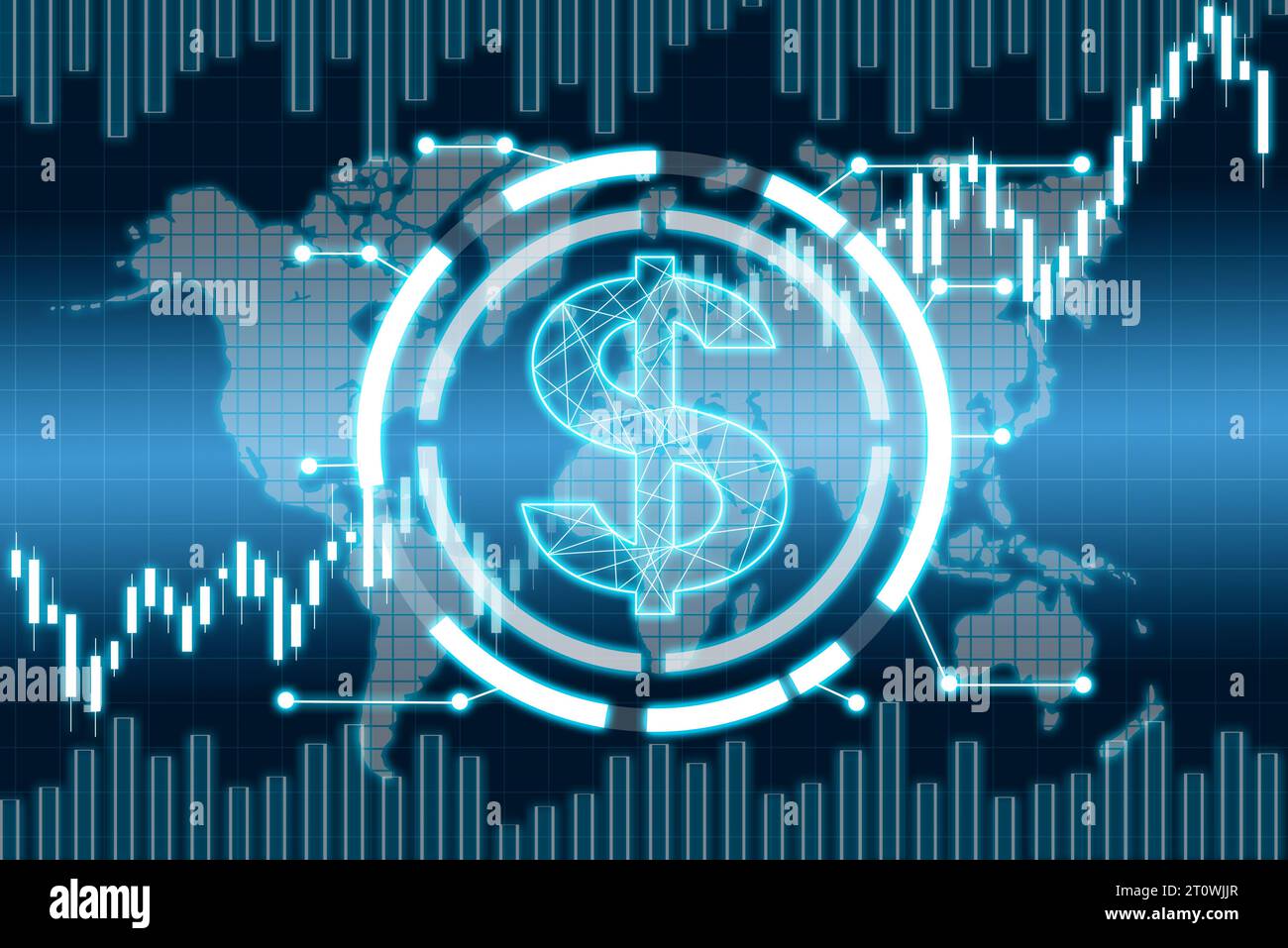 Glowing stock chart with world map and dollar symbol on blue virtual ...