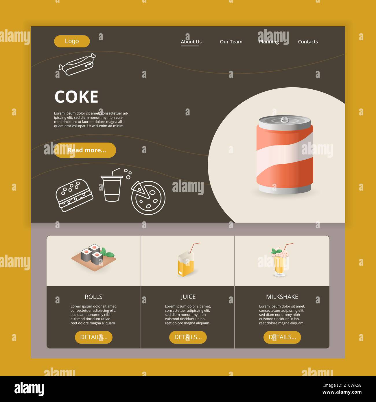 Coke flat landing page website template. Rolls, juice, milkshake. Web ...