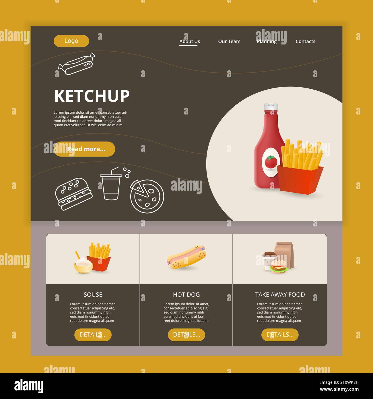Ketchup flat landing page website template. Souse, hot dog, take away ...