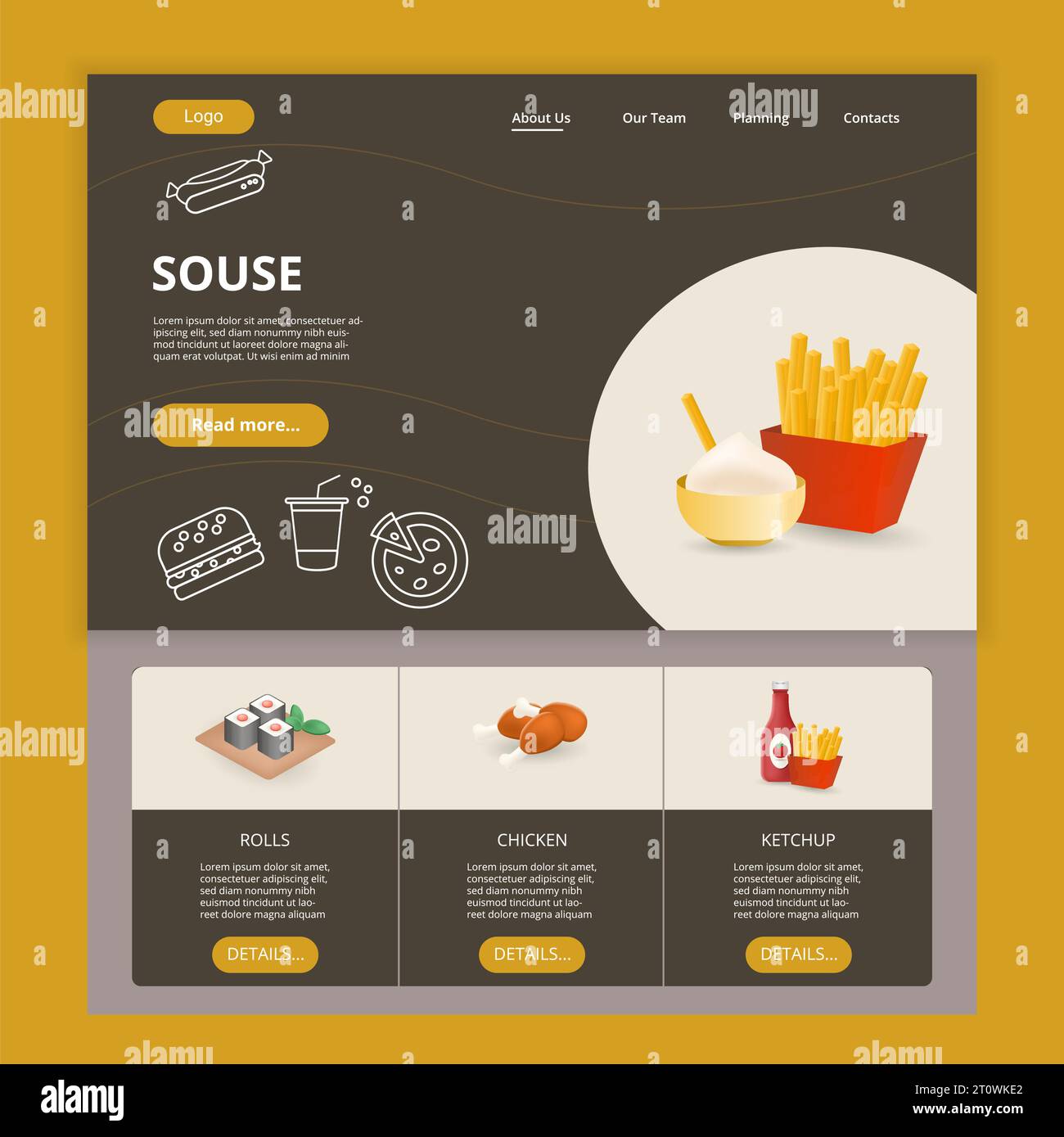 Souse flat landing page website template. Rolls, chicken, ketchup. Web ...