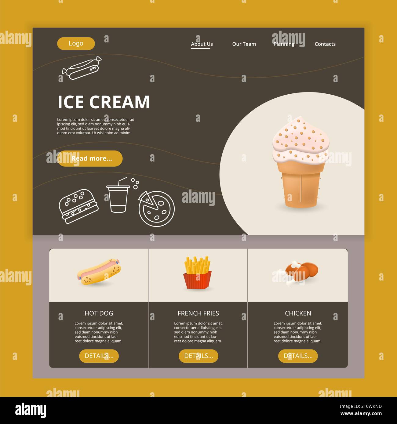 Ice cream flat landing page website template. Hot dog, french fries ...