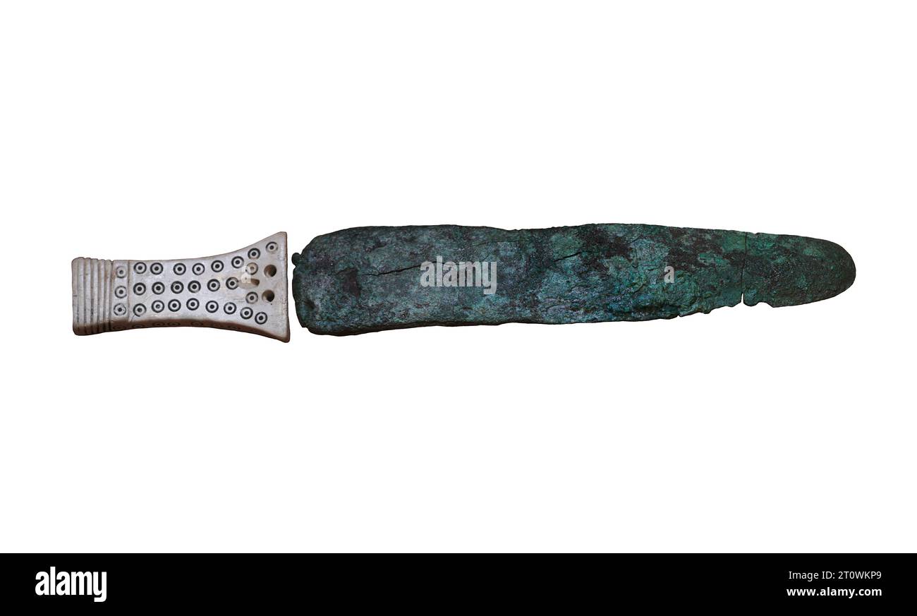 Bronze dagger with carved bone handle. From Ghar Mirdum Cave, Dingli ...