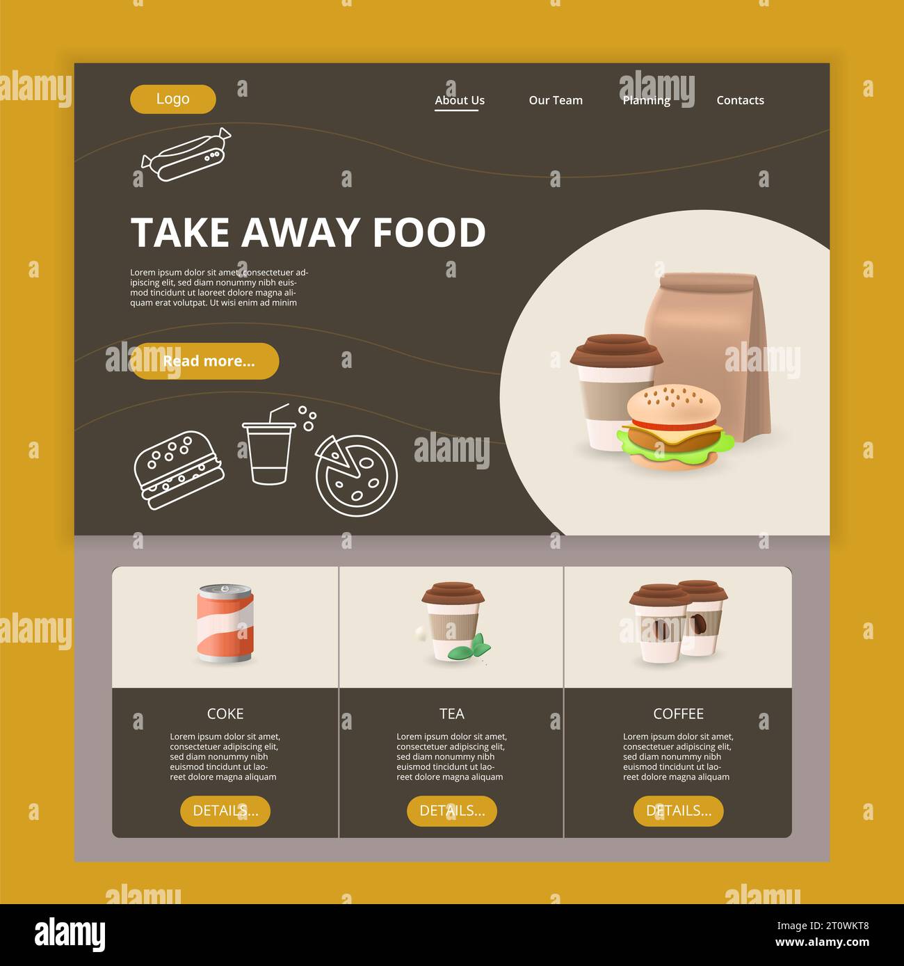 Take away food flat landing page website template. Coke, tea, coffee ...
