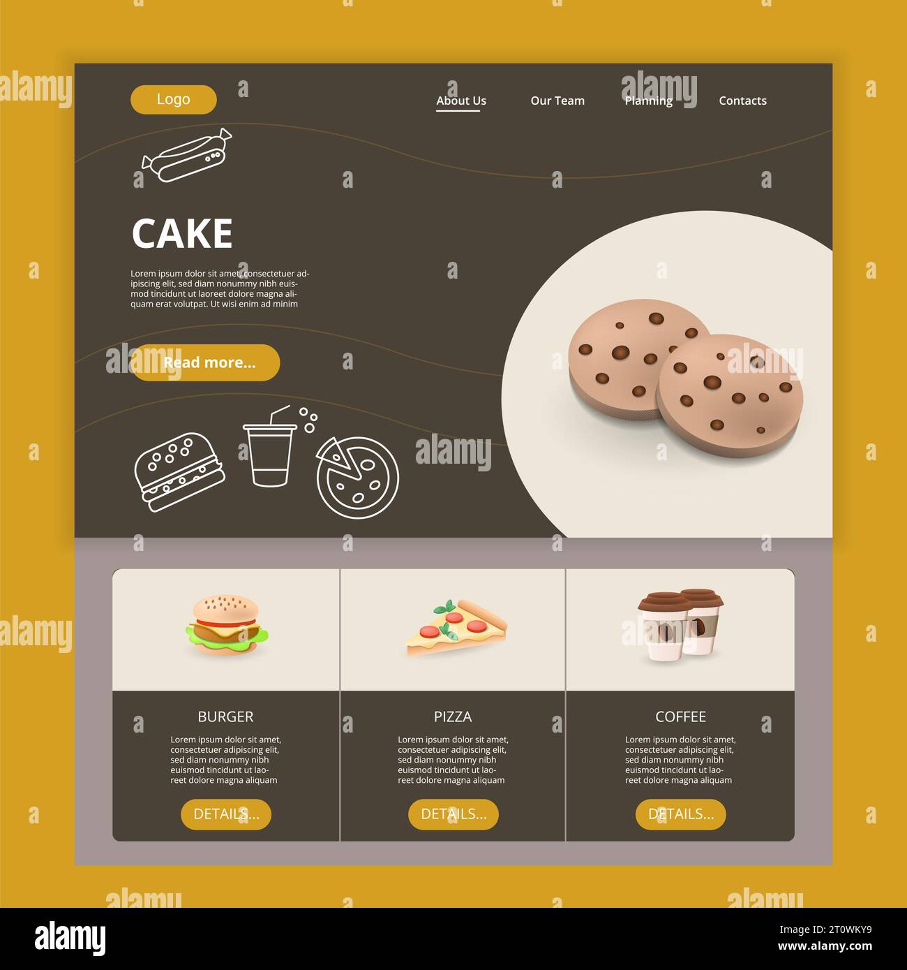 Cake flat landing page website template. Burger, pizza, coffee. Web ...
