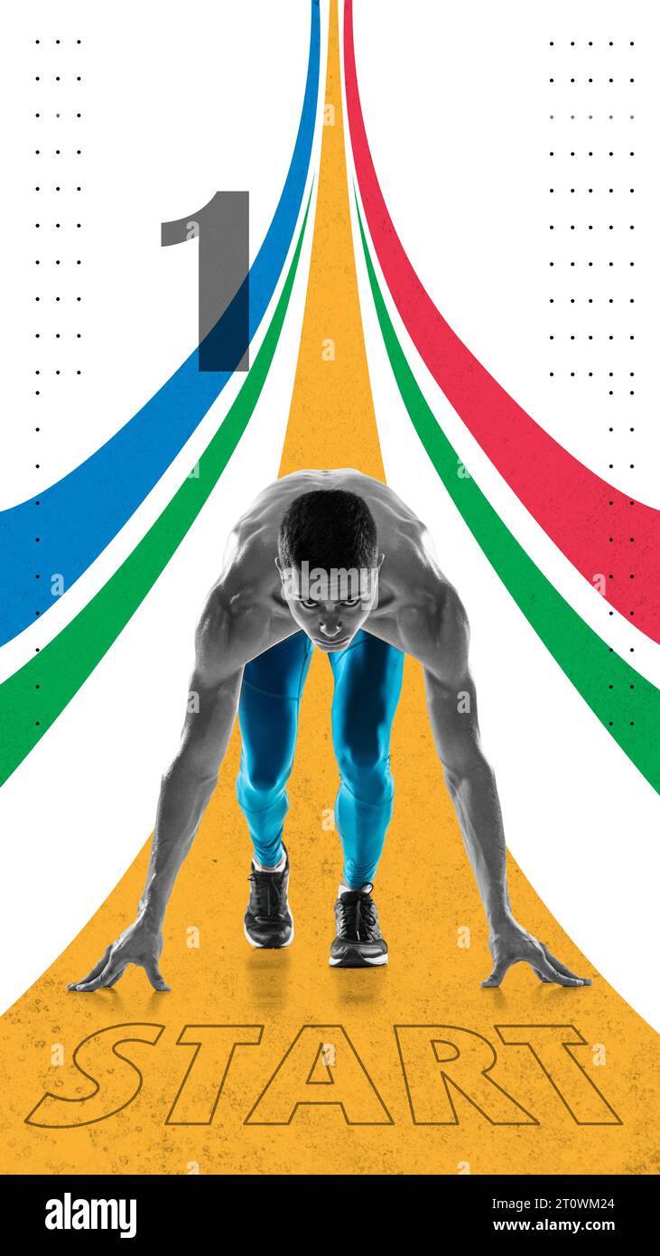 Young muscular man, running athlete standing on starting line, ready to ...