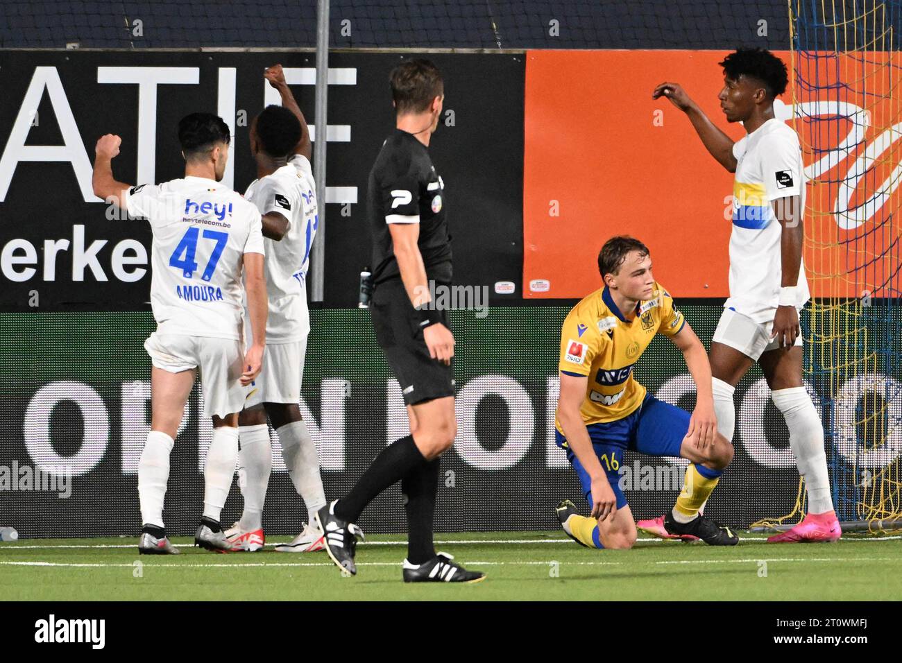 Matte Smets of STVV looks dejected after Union scored the 0-4 goal during a football game ...