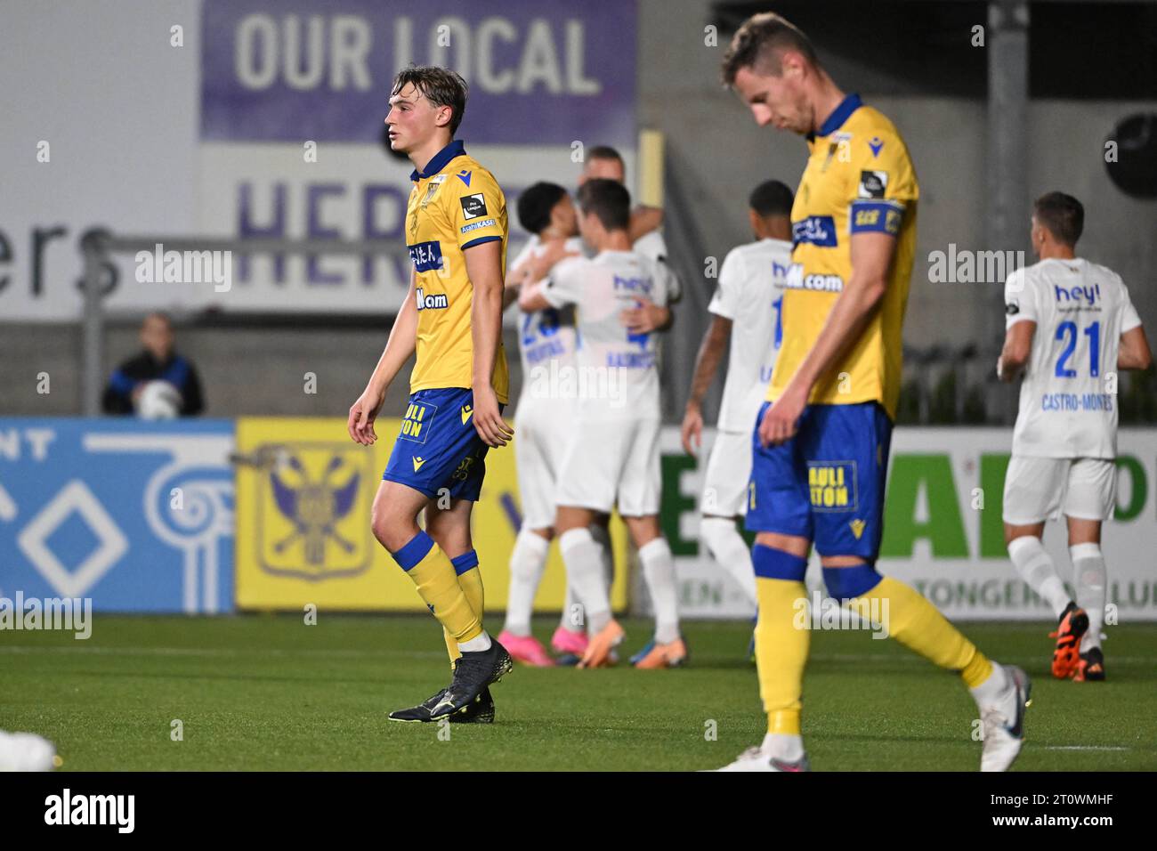 Matte Smets of STVV looks dejected after Union scored the 0-2 goal during a football game ...