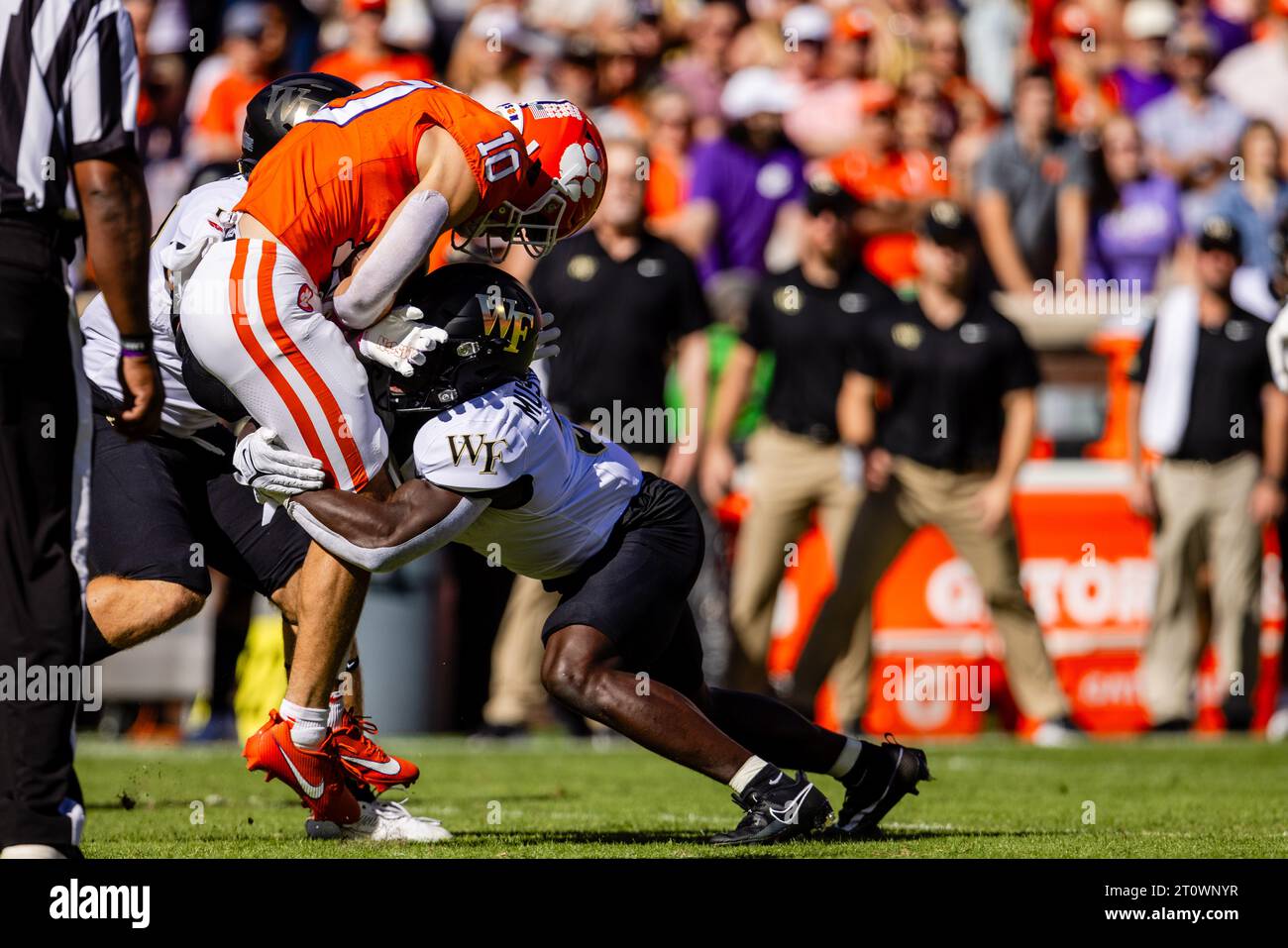 October 7, 2023: Clemson Tigers wide receiver Troy Stellato (10) gets hit by Wake Forest Demon ...