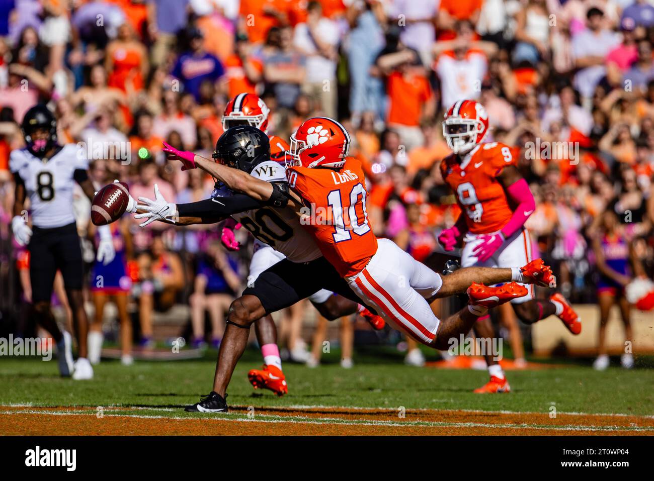 October 7, 2023: Clemson Tigers cornerback Jeadyn Lukus (10) breaks up ...