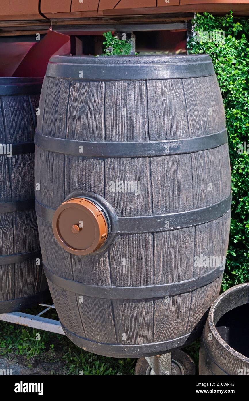 Vintage look plastic barrel standing outside in a garden Stock Photo ...