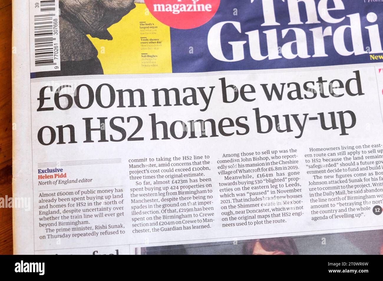£600m may be wasted on HS2 homes buy-up' Guardian newspaper front page ...