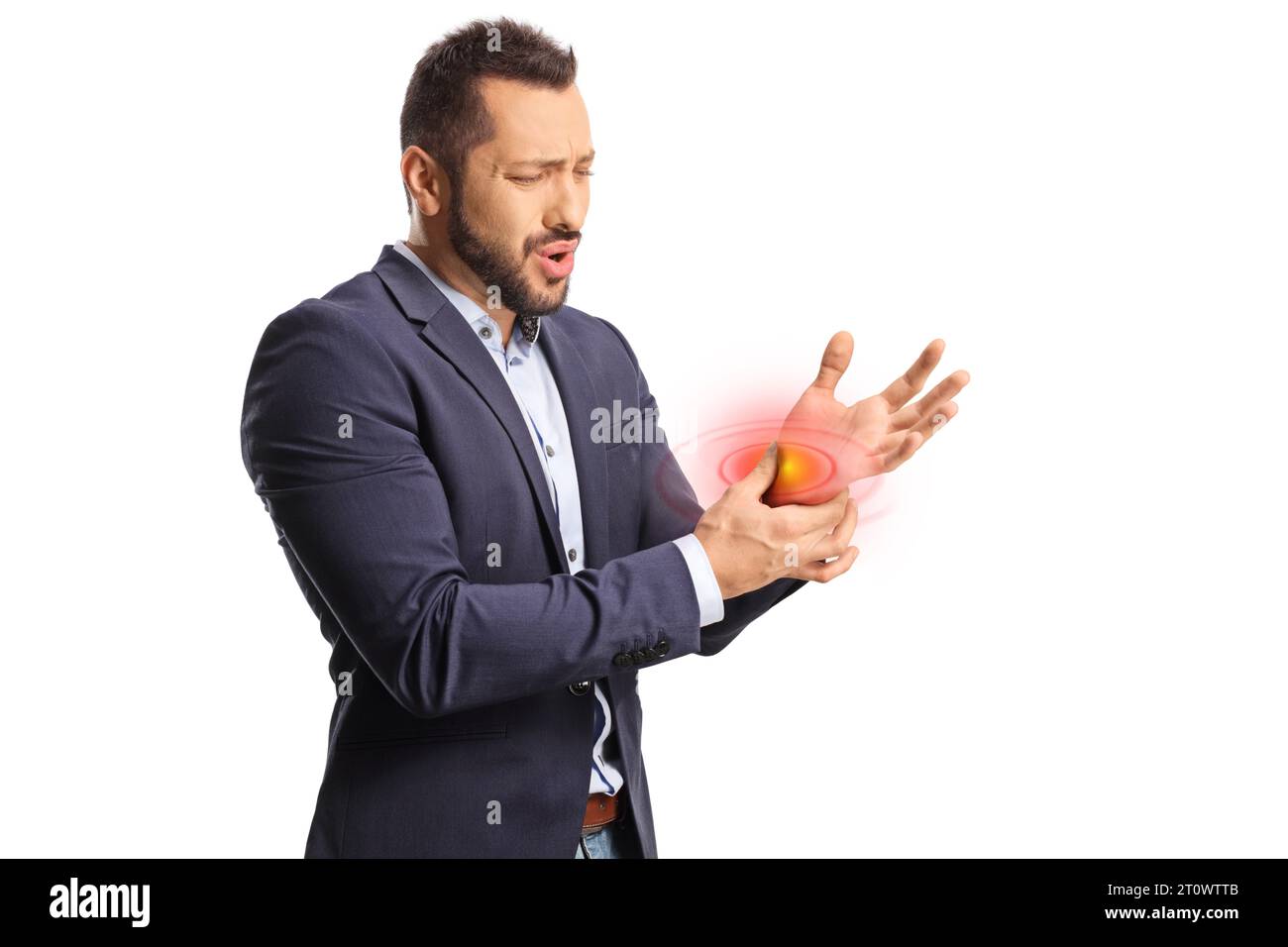 Young man with wrist pain and red spot inflammation isolated on white ...