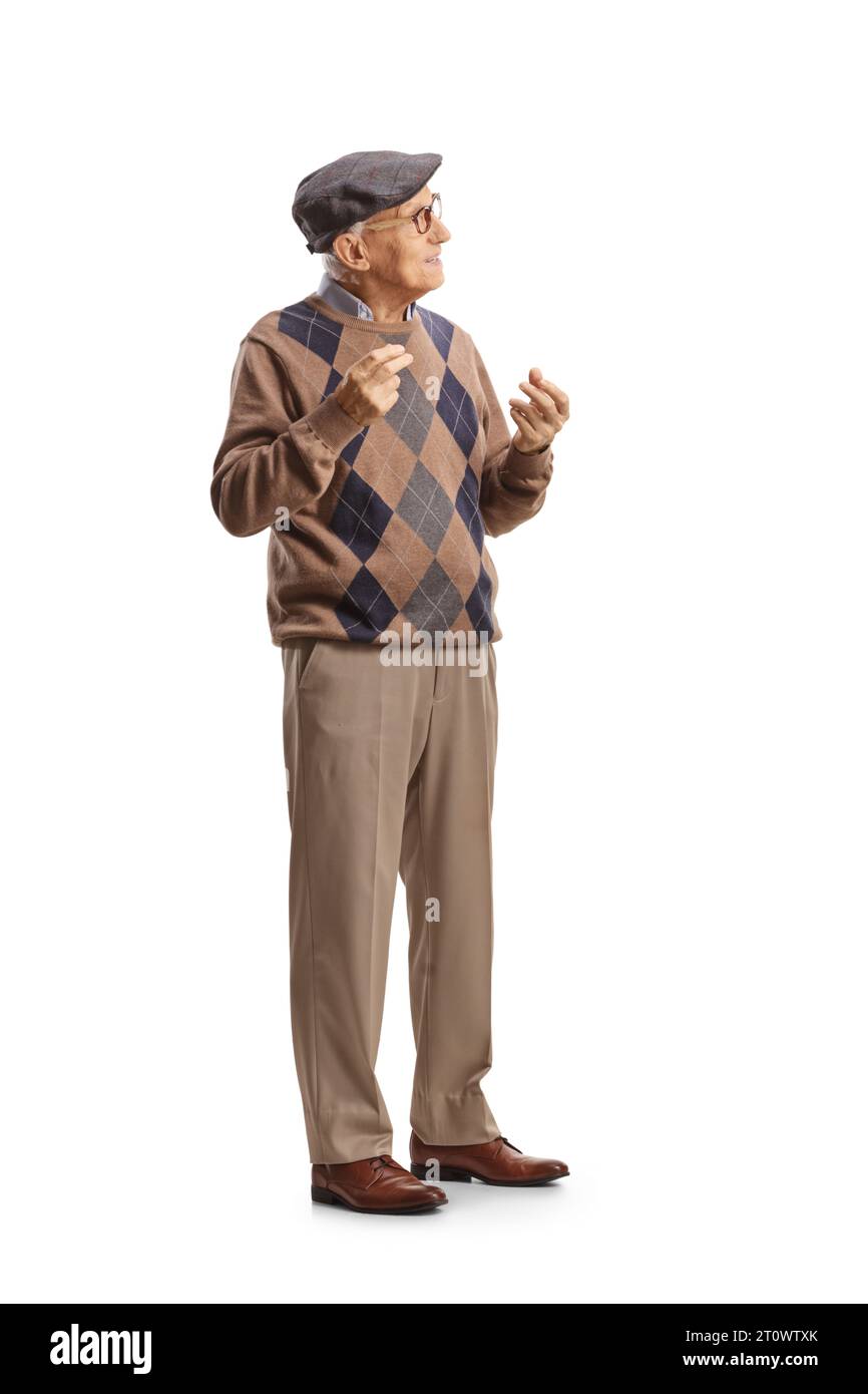 Full length shot of an elderly man explaining with hands isolated on ...