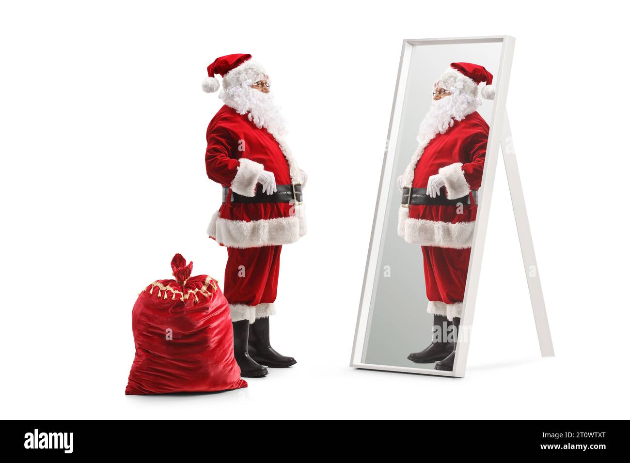 Full length profile shot of santa claus standing next to his sack and ...