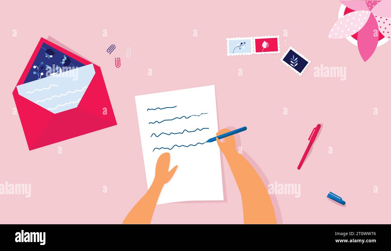 Person writing letter illustration; stamps, pens and envelop Stock ...
