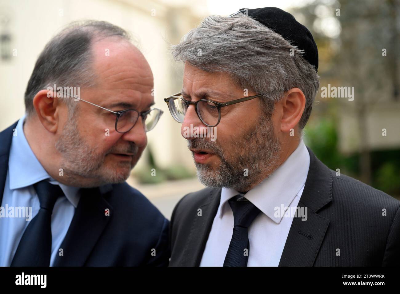 Grand Rabbi of France Haim Korsia, right, talks to the President of the ...