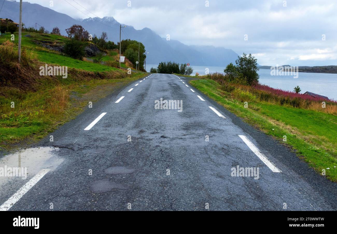 September 07, 2023: Narrow single-lane roads line many Norwegian fjords ...