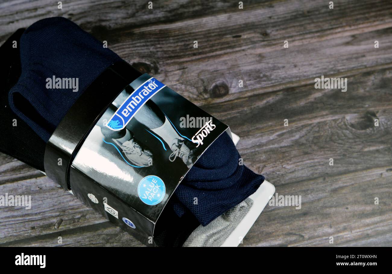 Cairo, Egypt, October 1 2023: Embrator high socks for men, a sock is a ...