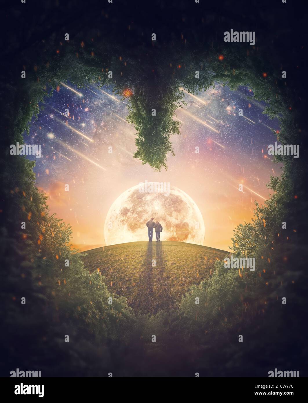 Elderly couple walking together to the full moon up the hill. Follow ...