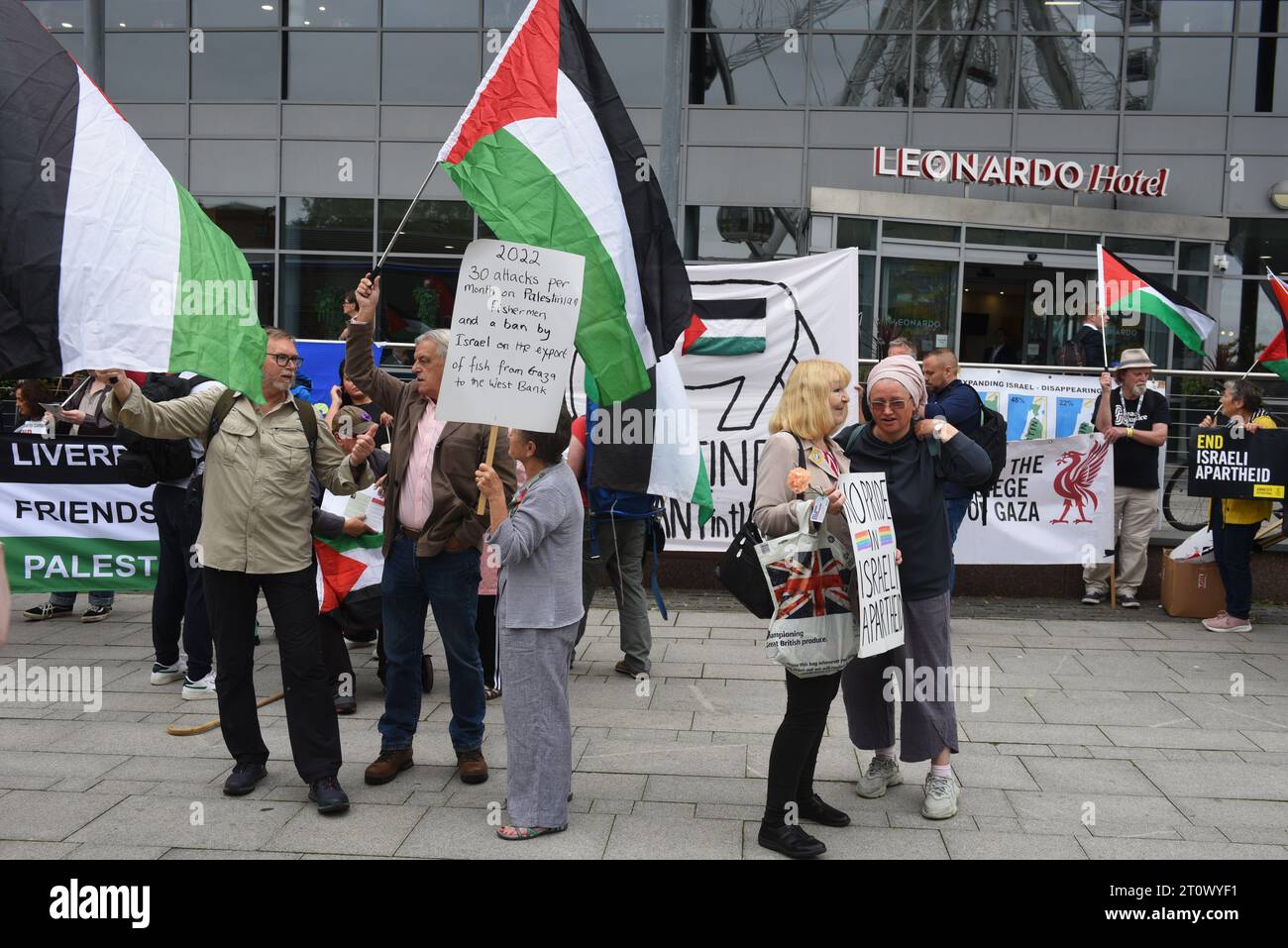 Liverpool, UK. 9 October 2023. Pro Palestine supporters outside Labour ...