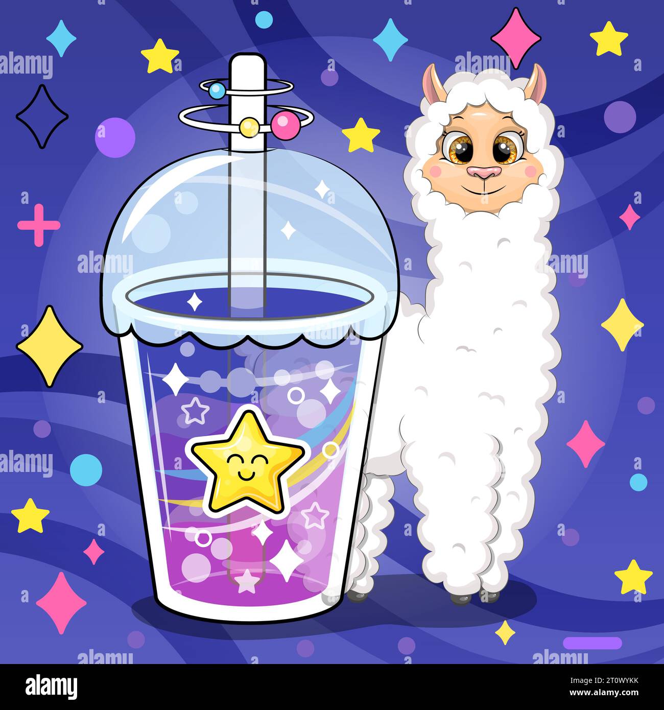 Cute cartoon llama with star drink. Vector illustration of an animal ...