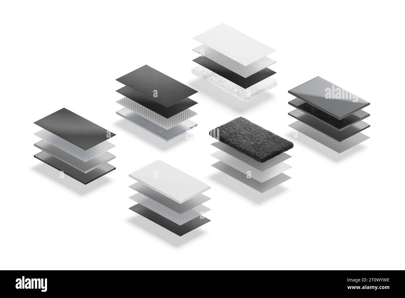 Blank black and white textile, net, carbon material layers mockup, 3d rendering. Empty cover and ...