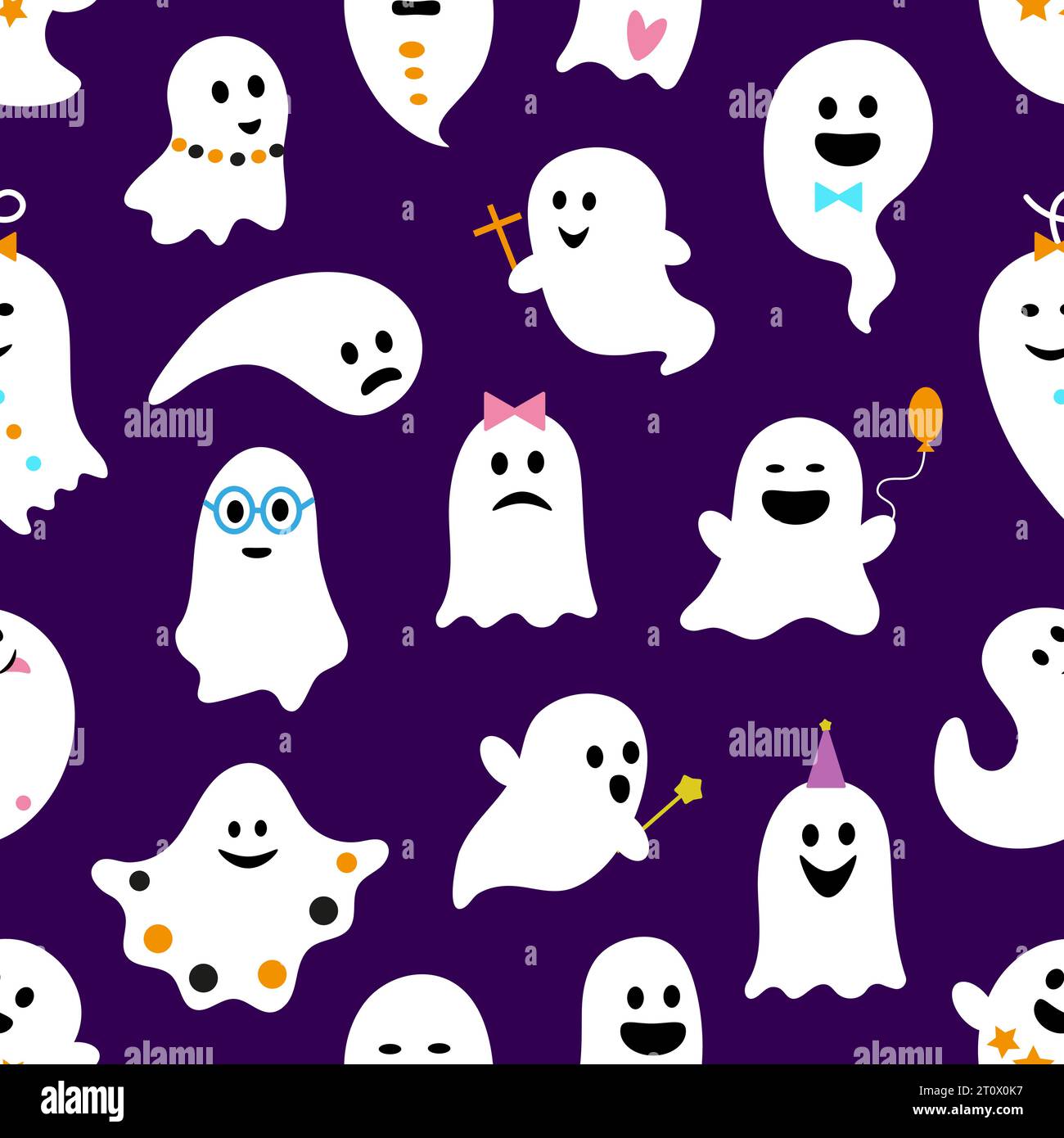 Halloween cute kawaii ghosts characters seamless pattern. Trick or ...