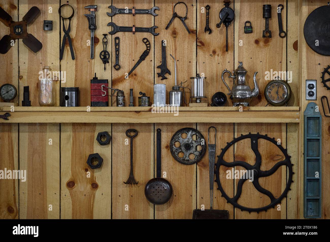 Tool Display on Wooden Wall - vintage tools Stock Photo - Alamy