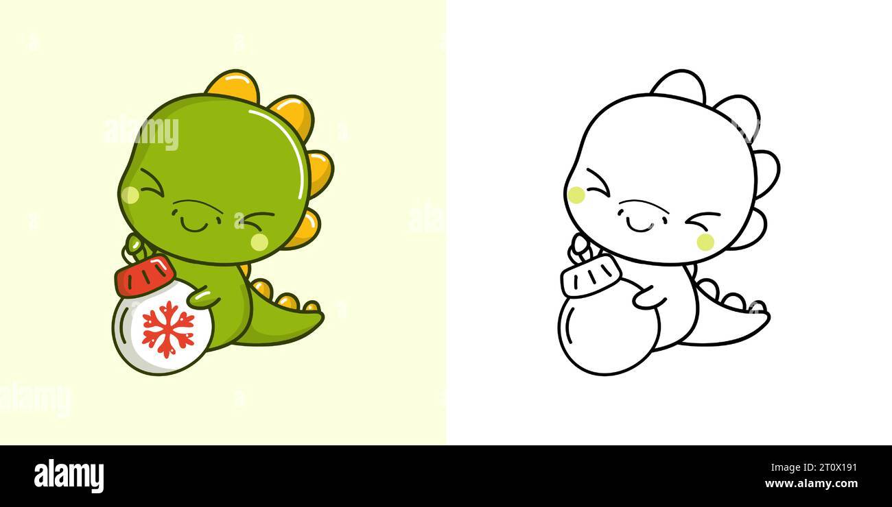 Kawaii New Year Dinosaur Clipart Multicolored and Black and White. Cute ...