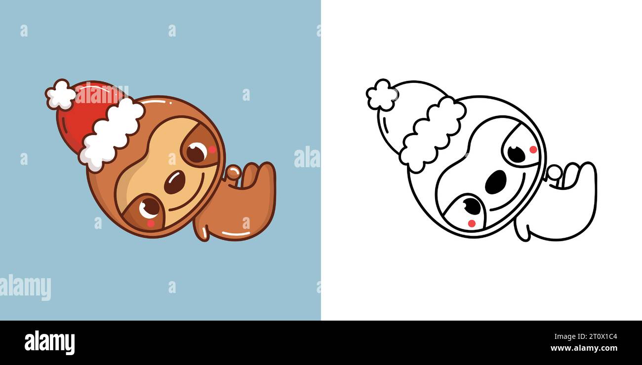 Set Clipart Christmas Sloth Coloring Page and Colored Illustration ...