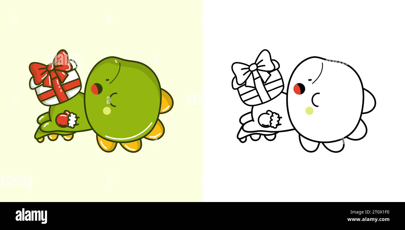 Set Christmas Dino Multicolored and Black and White. Kawaii Clip Art ...