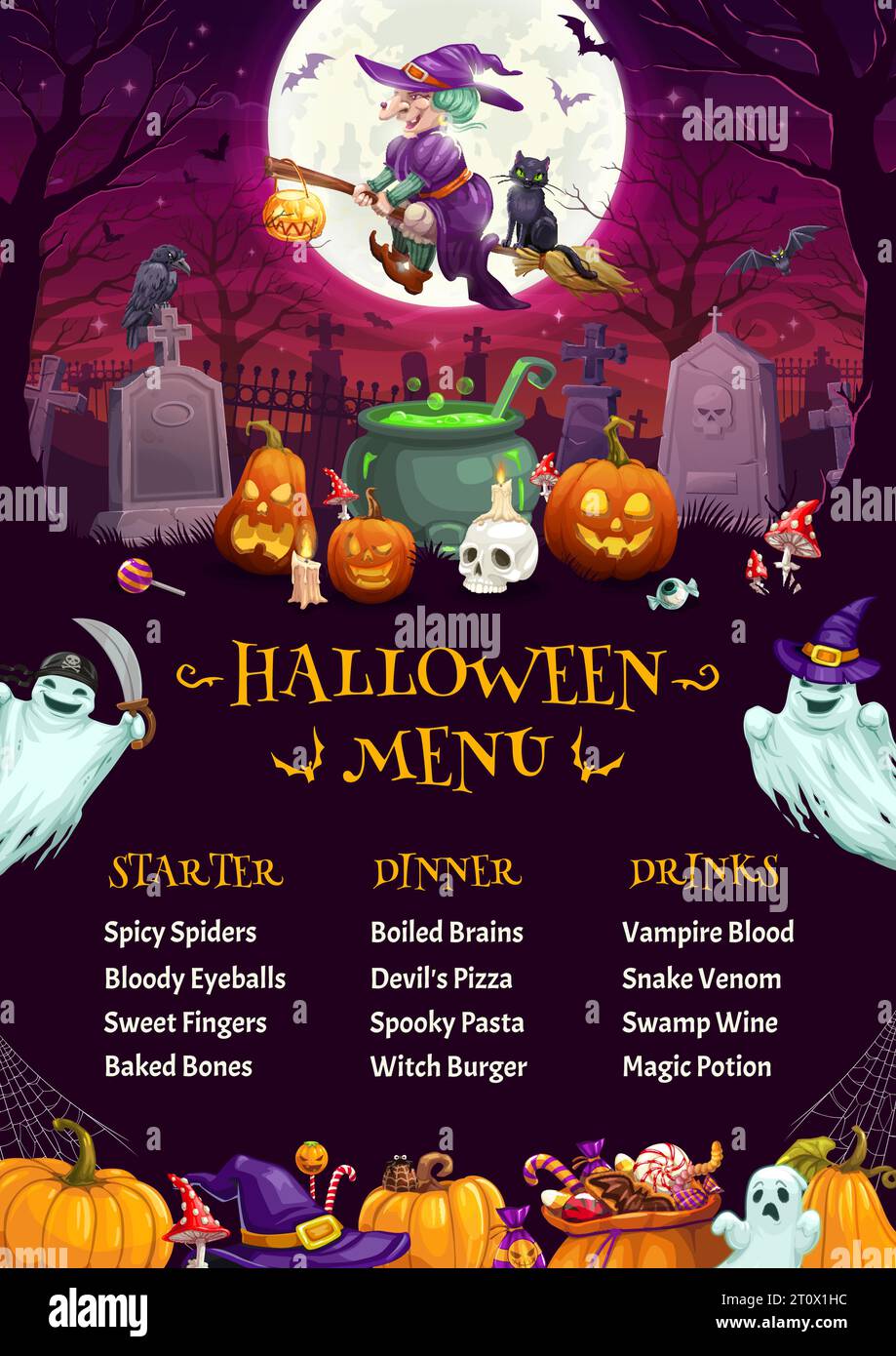 Halloween holiday menu vector template with cartoon ghosts, witch and ...