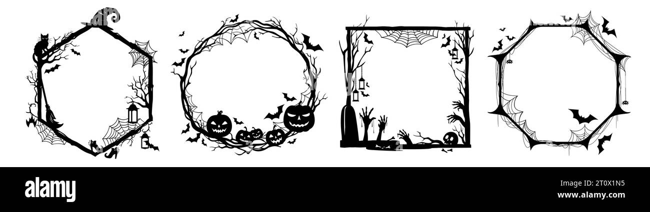Halloween holiday black frames set. Trick or treat scary silhouettes ...