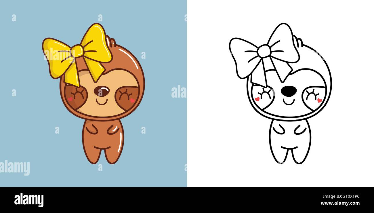 Kawaii New Year Sloth Clipart Multicolored and Black and White. Cute ...