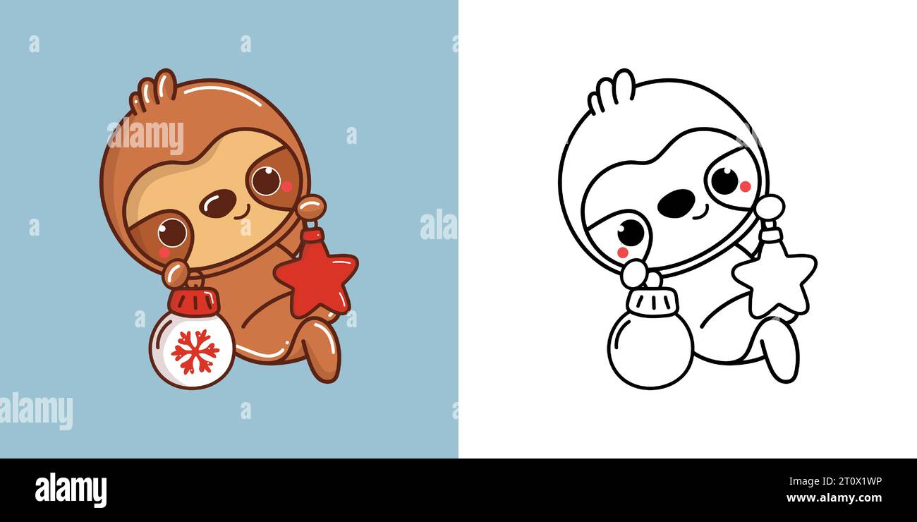 Cute Christmas Sloth Illustration and For Coloring Page. Cartoon ...