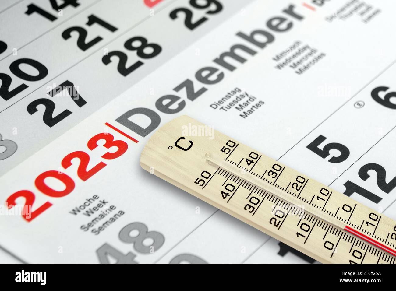 German calendar 2023 December and wooden thermometer 0 Degrees Celsius ...