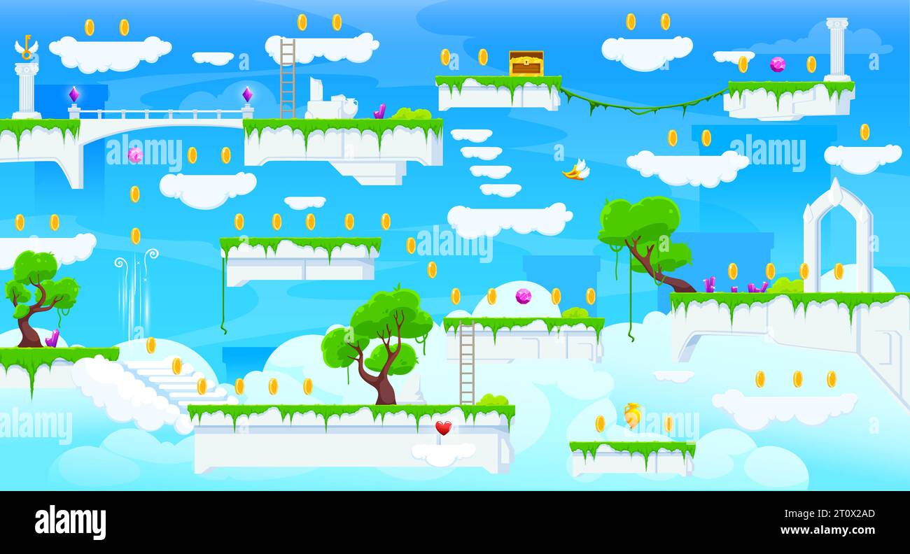 Arcade game level map with ice platforms, ladders and fluffy clouds in ...