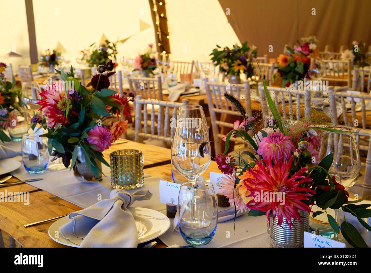 Wedding marquee decorated and ready for the guests to arrive. Tables ...