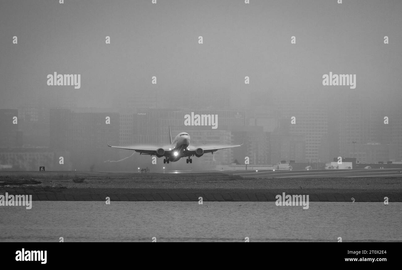 A commercial airplane taking off from the airport in Boston ...